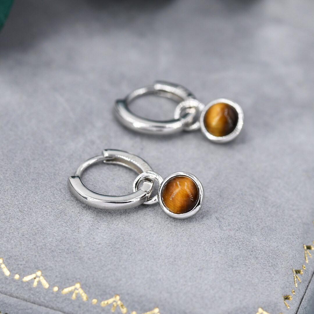 Sterling Silver Dangling Tiger's Eye Hoop Earrings, Detachable Tiger's ...