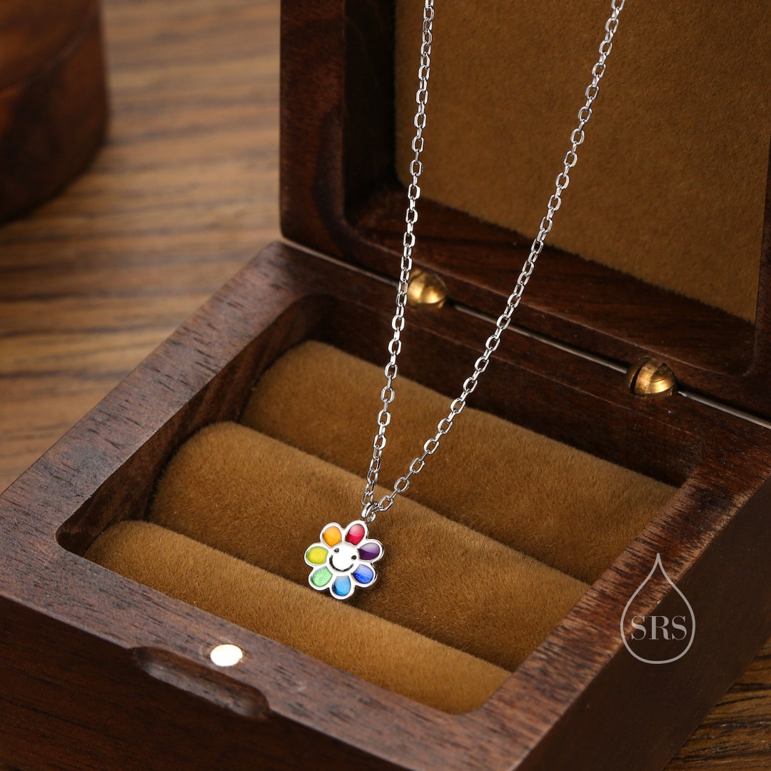 Enamel Smiling Flower Pendant Necklace in Sterling Silver, Silver ...