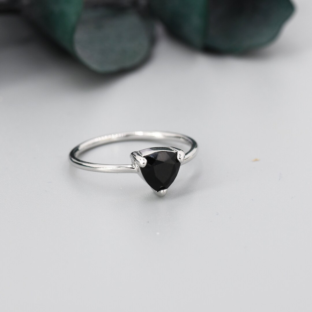 Genuine Black Onyx Ring in Sterling Silver, Natural Trillion Cut Onyx ...