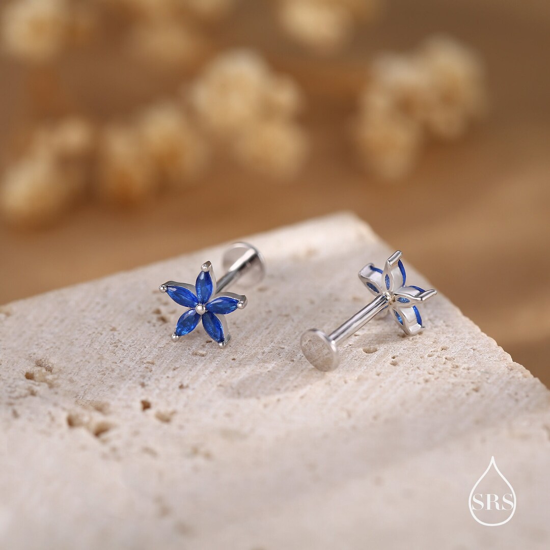 Blue CZ Flower Internally Threaded Flat Back Earrings in Sterling ...