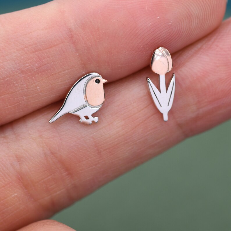 Mismatched Robin Bird and Tulip Flower Stud Earrings in Sterling Silver ...