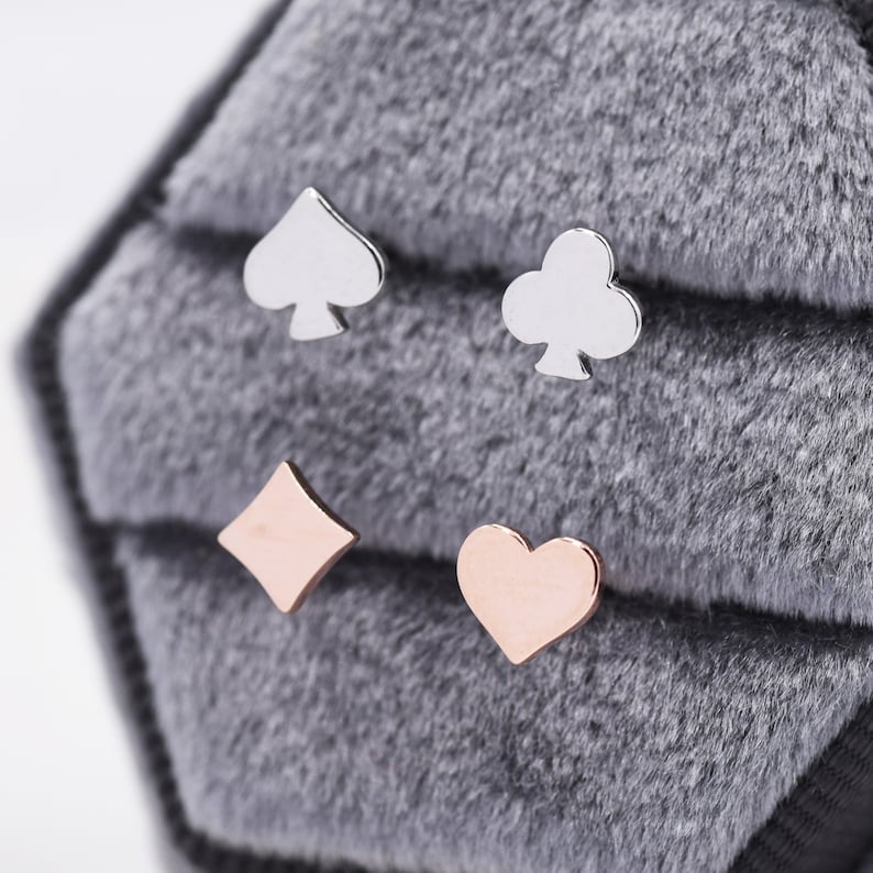 Card Suit Stud Earrings in Sterling Silver, Poker Set Earrings, Rose ...