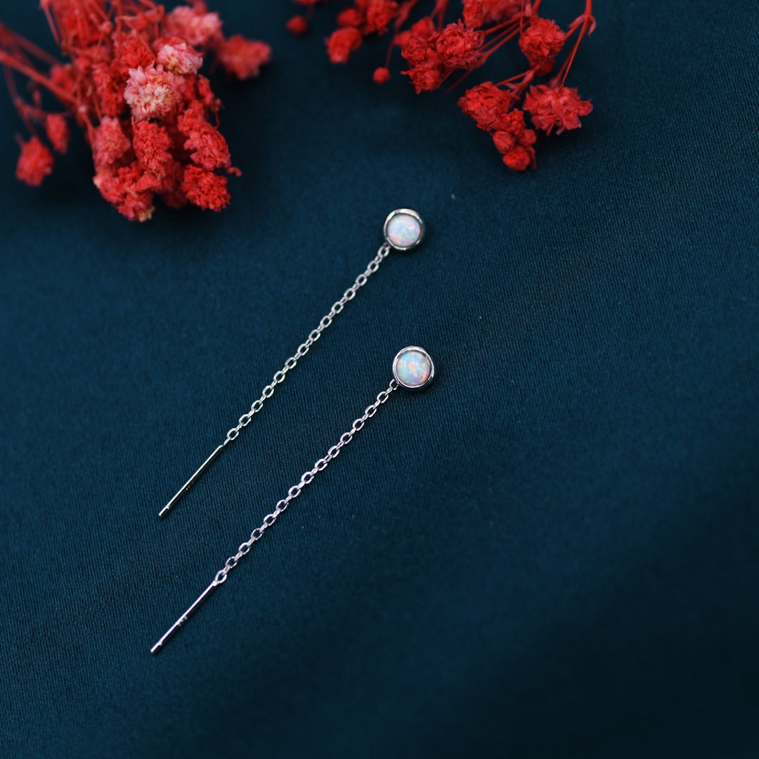 Fire Opal Dot Threader Earrings in Sterling Silver, Lab Opal Ear Threaders, Silver or Gold, Opal ...
