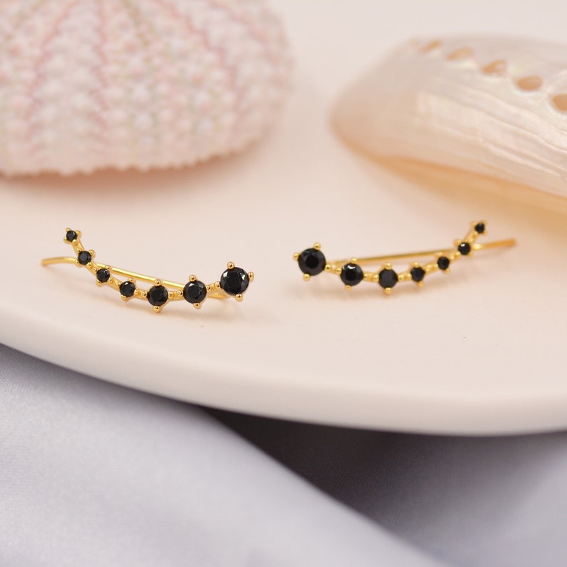 Black and Gold Ear Crawlers in Sterling Silver - Black Ear Climbers ...