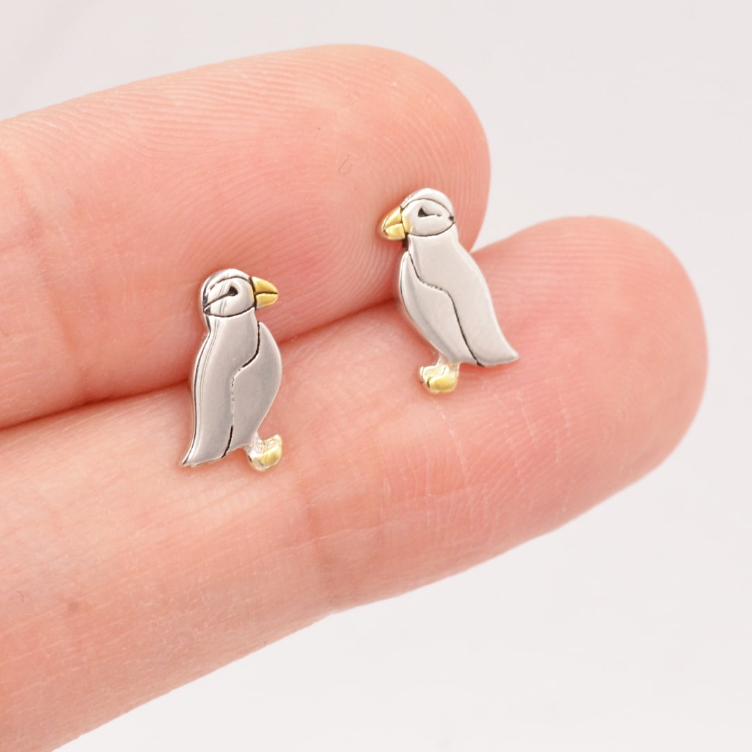 Puffin Bird Stud Earrings in Sterling Silver - Gold and Silver Two Tone ...
