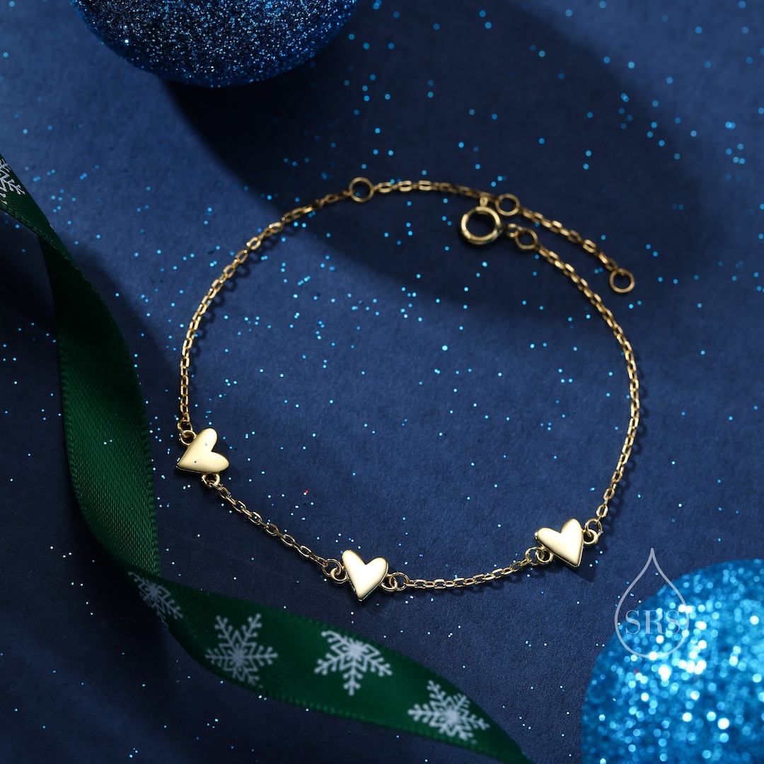 Sterling Silver Tiny Heart Trio Bracelet, Silver or Gold or Rose Gold ...
