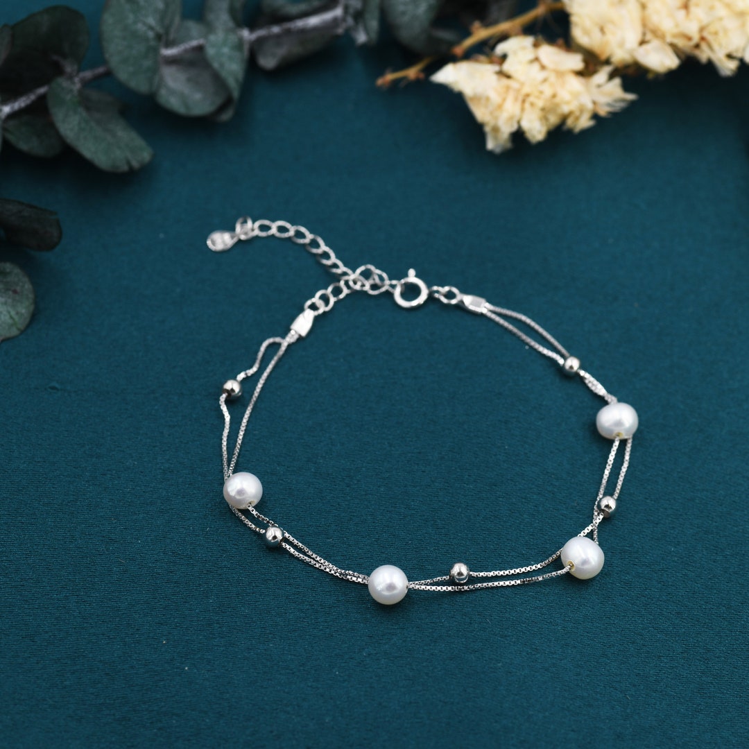 Sterling Silver Delicate Pearl and Silver Ball Beaded Bracelet, Double ...