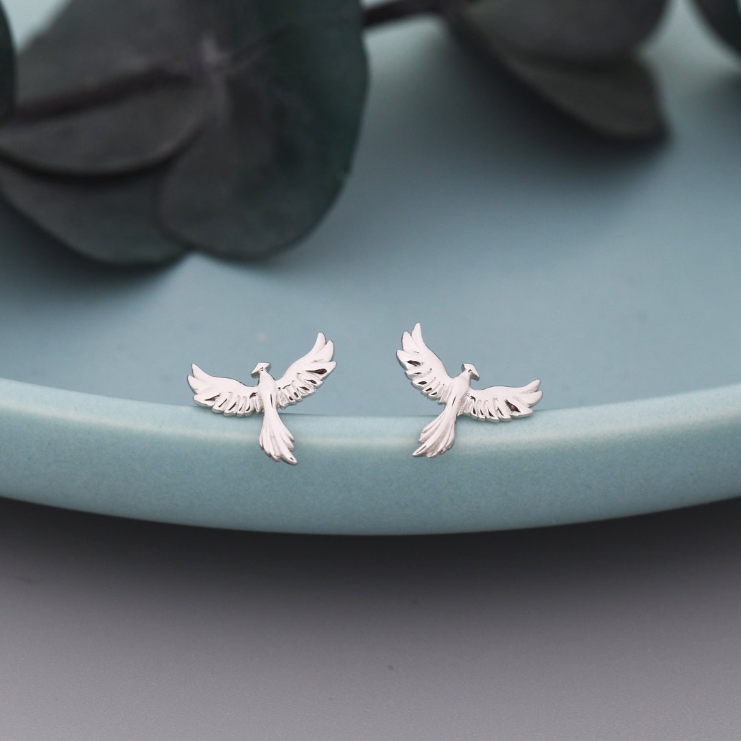 Sterling Silver Phoenix Bird Stud Earrings, Silver, Gold or Rose Gold ...
