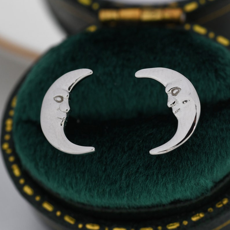 Man in the Moon Stud Earrings in Sterling Silver - Moon Face Earrings ...