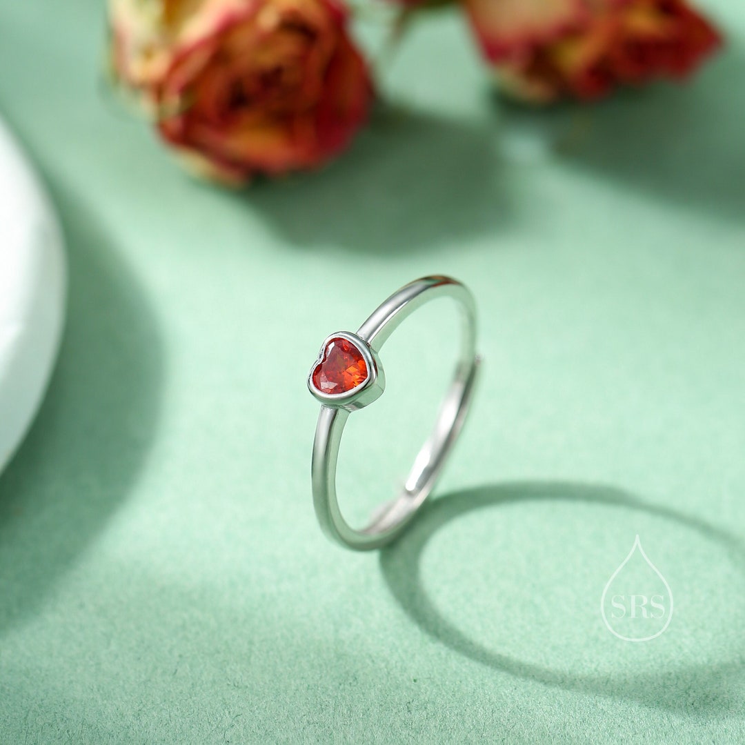 Sterling Silver Very Tiny Garnet Red CZ Heart Ring, Adjustable Size, Red Heart Ring, Tiny Heart ...