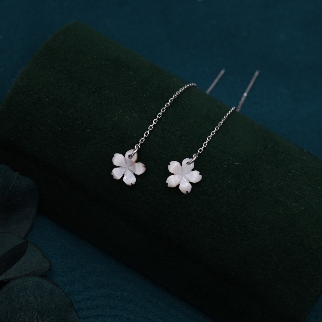 Cherry Blossom Mother of Pearl Threader Earrings in Sterling Silver ...