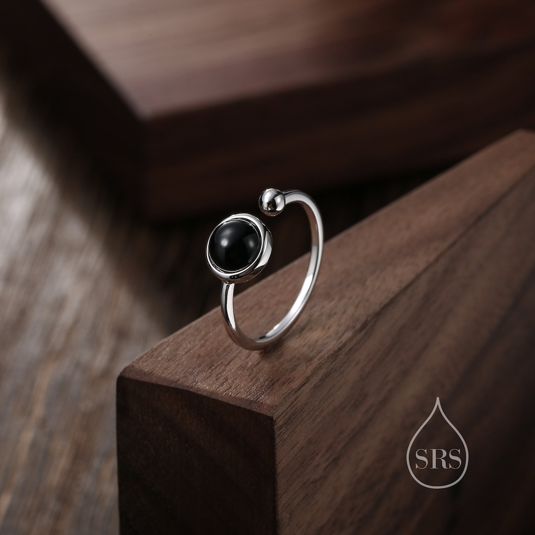 Natural Black Onyx Open Ring in Sterling Silver, 6mm Genuine Black Onyx ...