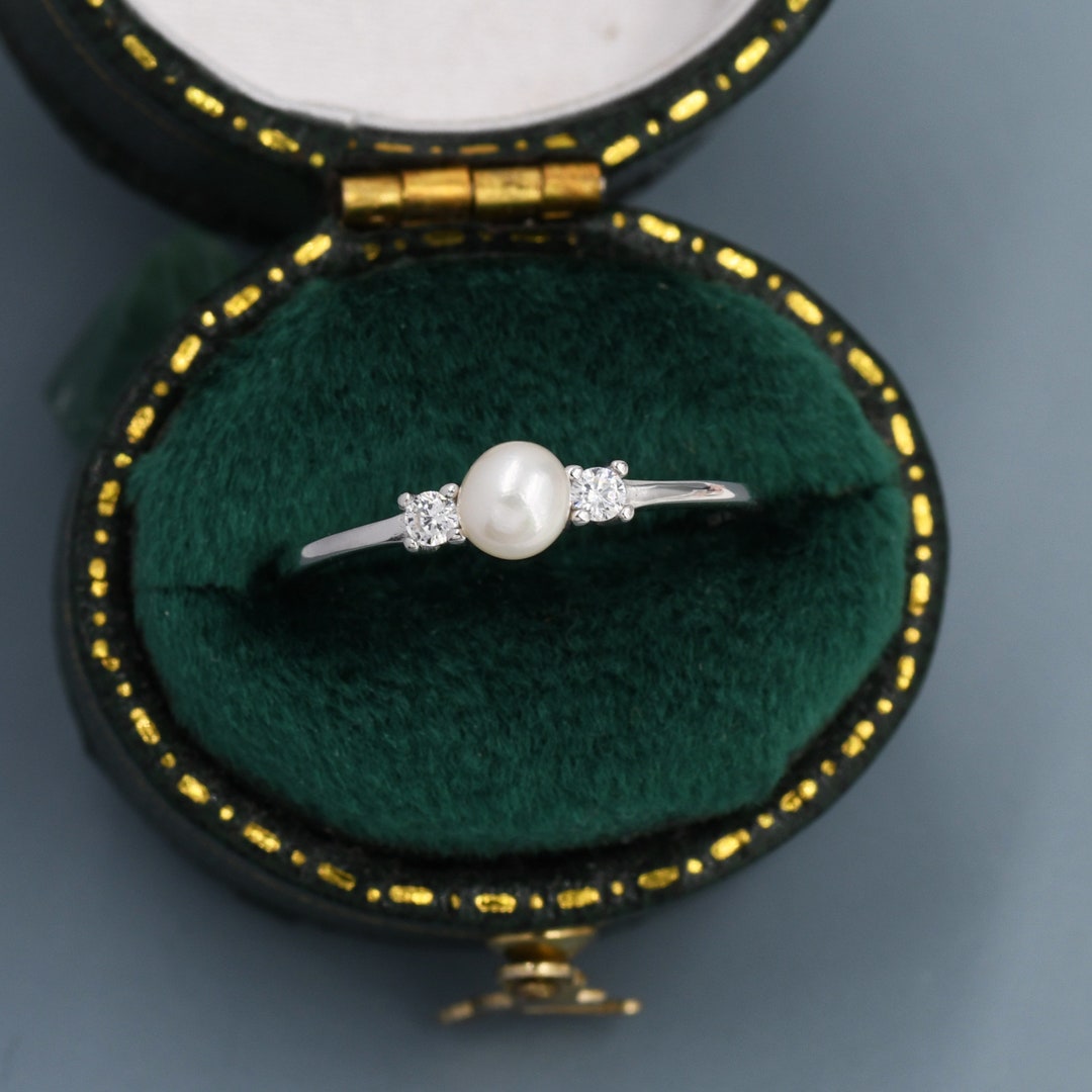 Genuine Freshwater Pearl and CZ Ring in Sterling Silver, Natural Pearl ...