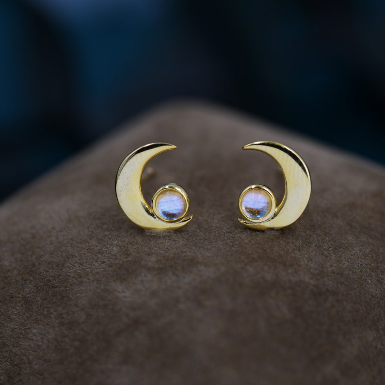 Cresent Moon With Moonstone Stud Earrings in Sterling Silver, Moon ...