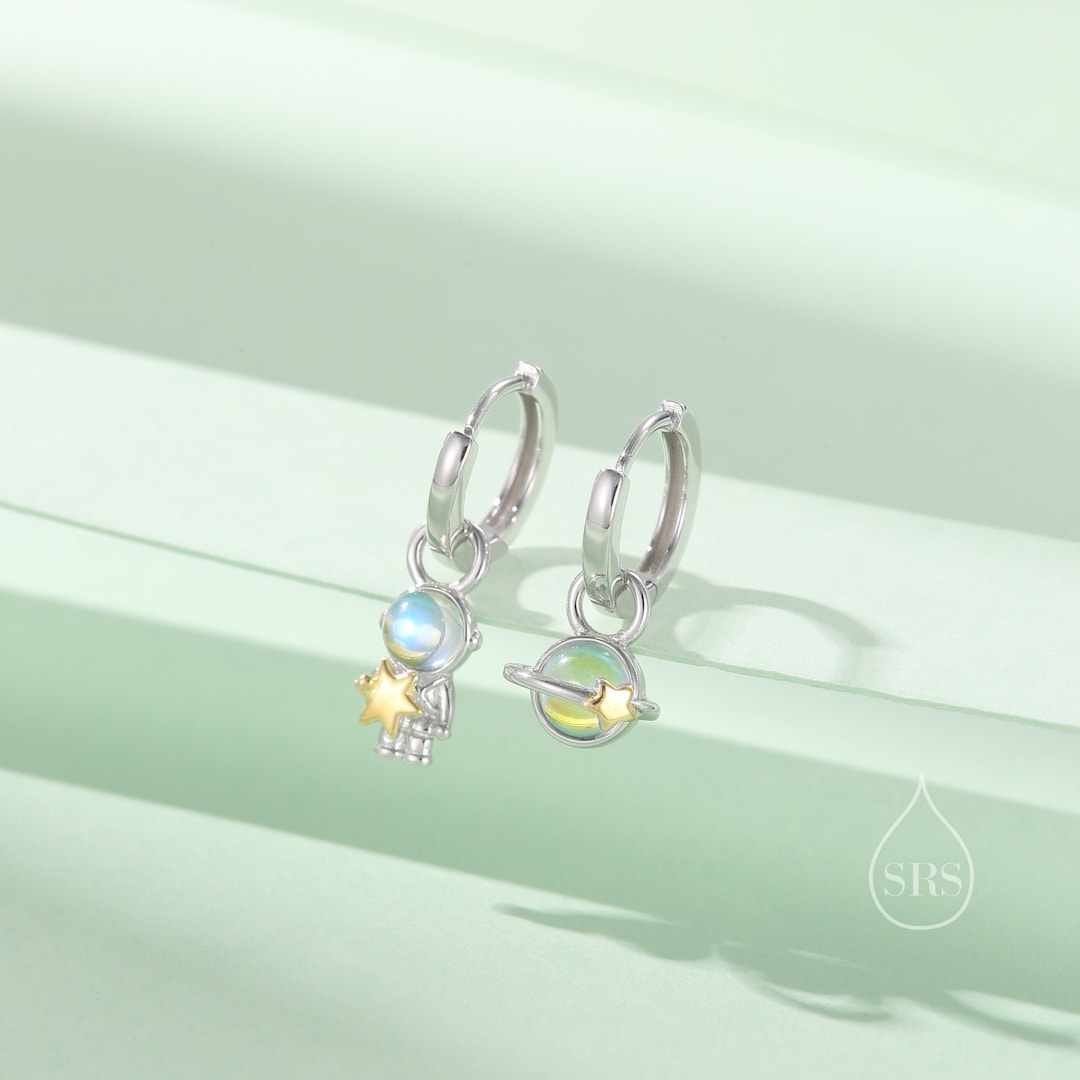 Mismatched Moonstone Astronaut and Planet Charmed Hoop Earrings in ...