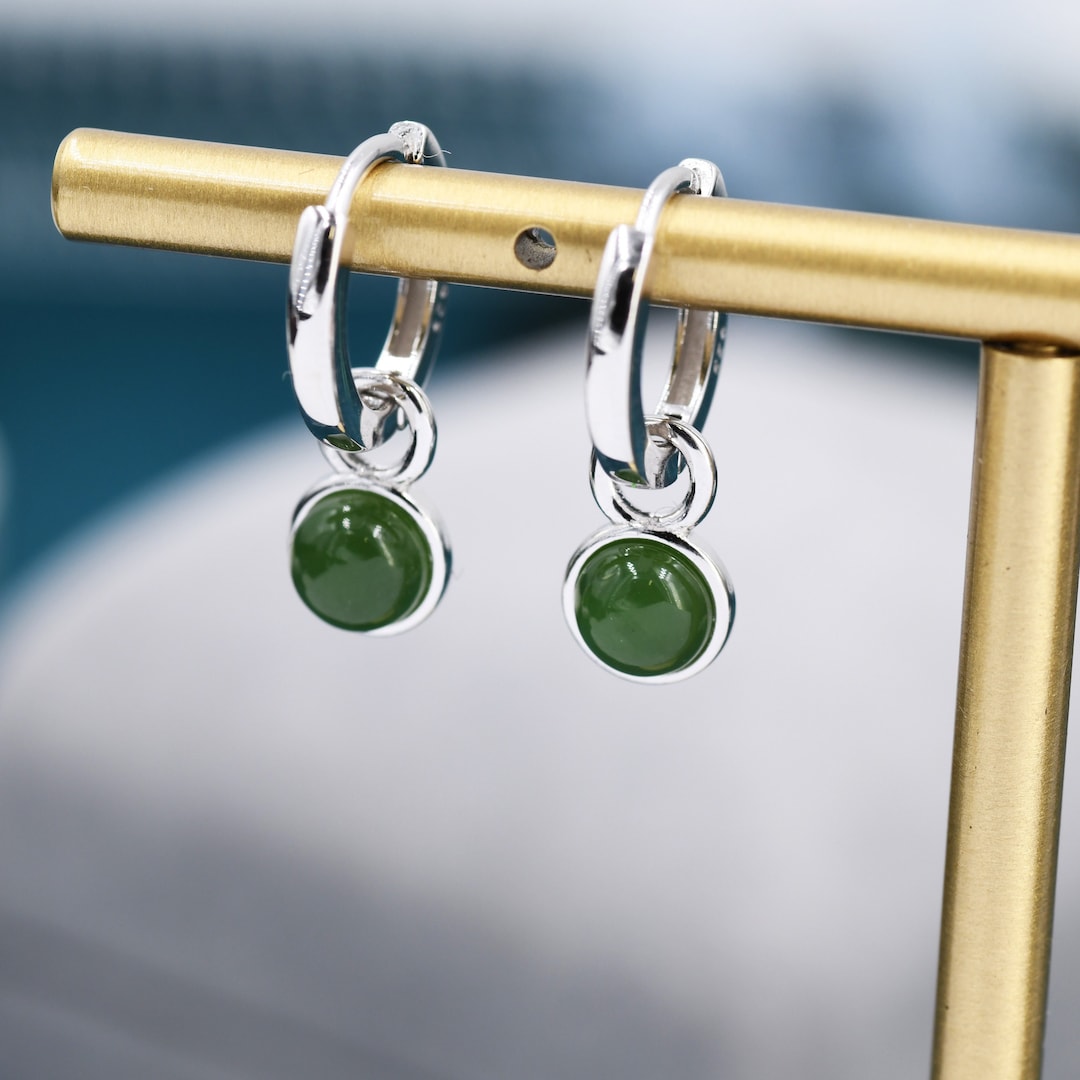 Sterling Silver Dangling Jade Hoop Earrings, Detachable Genuine Green ...