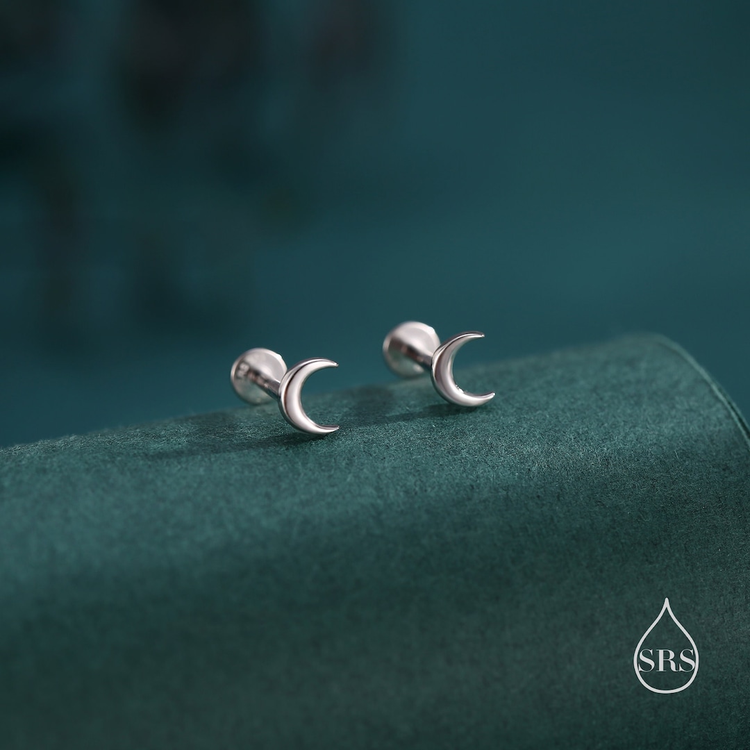 Internally Threaded Flat Back Tiny Moon Earrings in Sterling Silver, Silver or Gold or Rose Gold ...