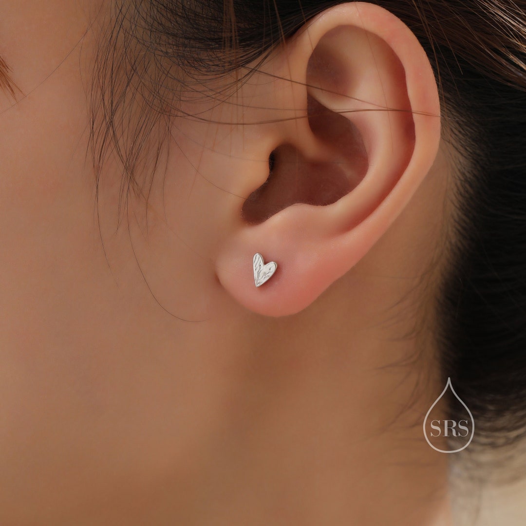 Sterling Silver Tiny Textured Heart Stud Earrings, Extra Small Heart ...