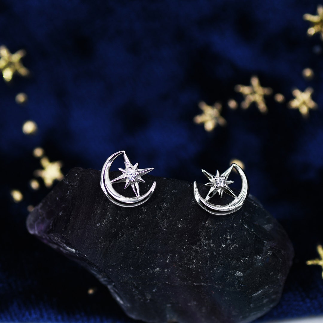 Delicate Moon and Star Stud Earrings in Sterling Silver, Silver, Gold ...