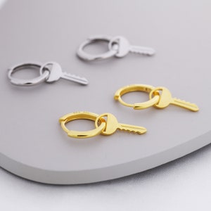 Dangling Key Hoop Earrings in Sterling Silver, Detachable Lock Charm ...