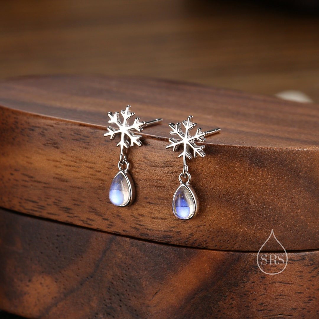 Snowflake and Moonstone Stud Earrings in Sterling Silver, Snow Earrings, Moonstone Droplet ...
