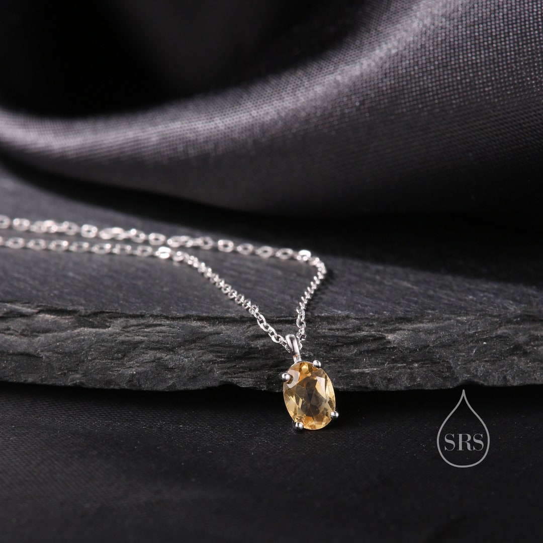 Extra Tiny Genuine Citrine Crystal Oval Pendant Necklace in Sterling ...