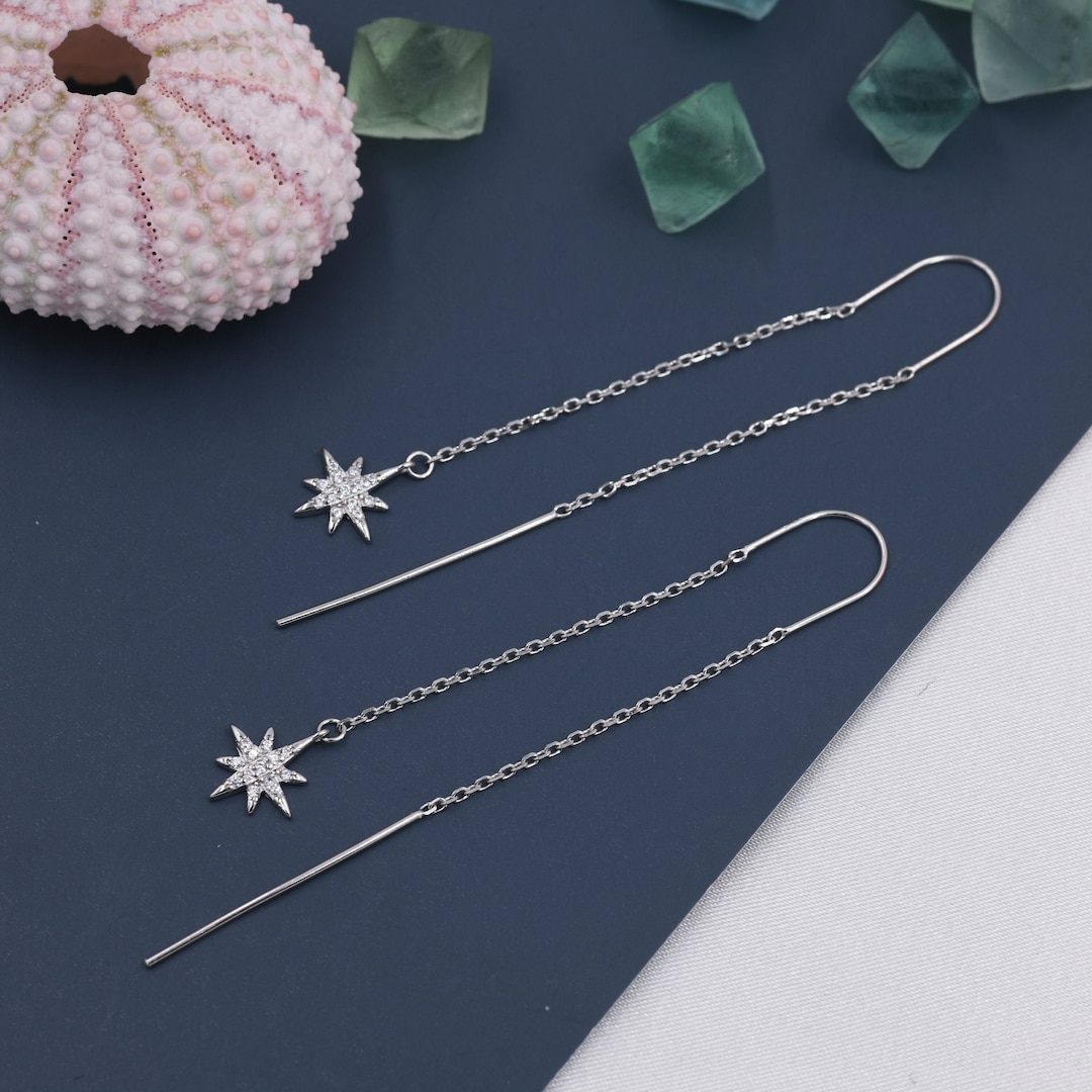 Starburst Threader Earrings in Sterling Silver, North Star U Shape Ear ...