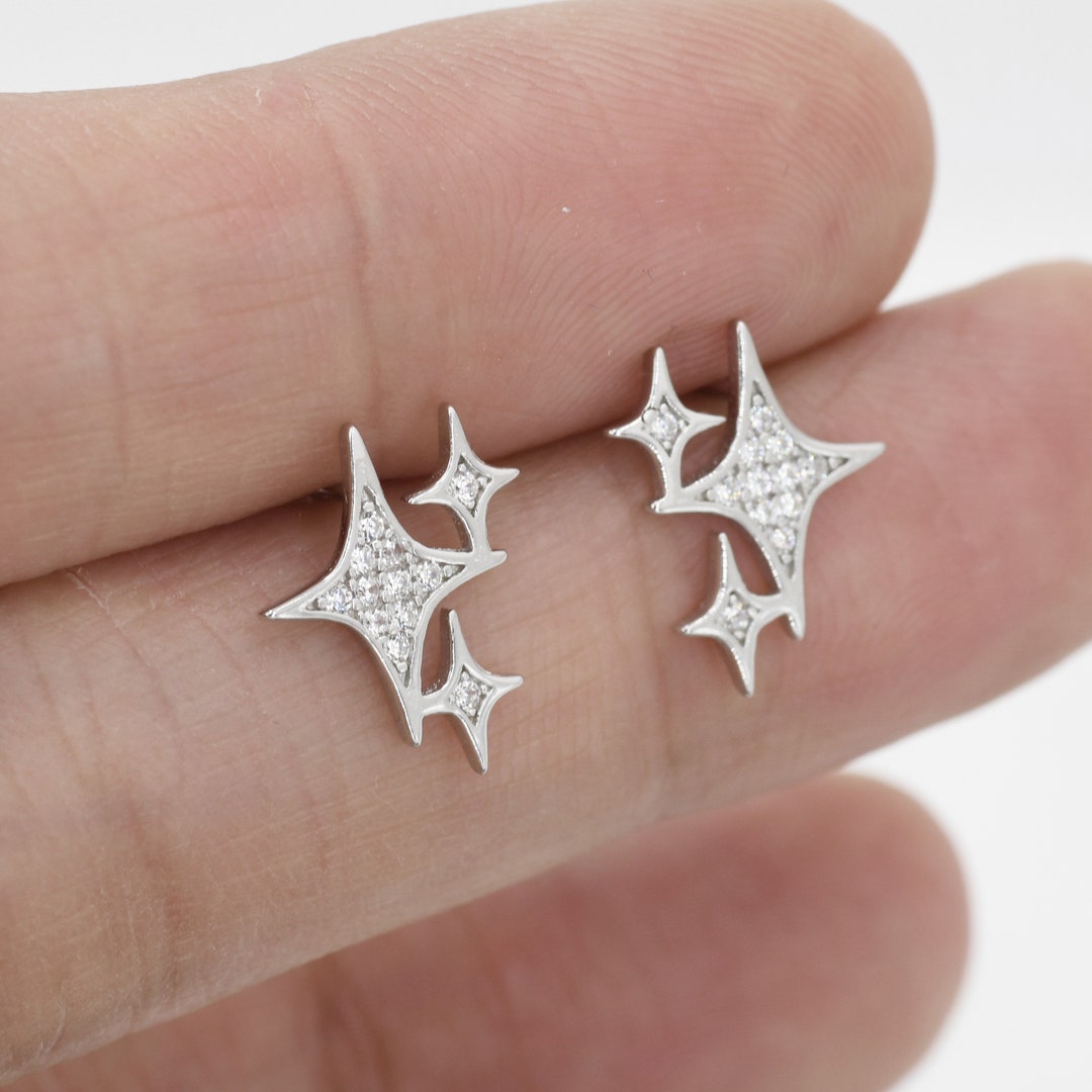 Sparkly Stars CZ Stud Earrings in Sterling Silver, Four Point Star ...