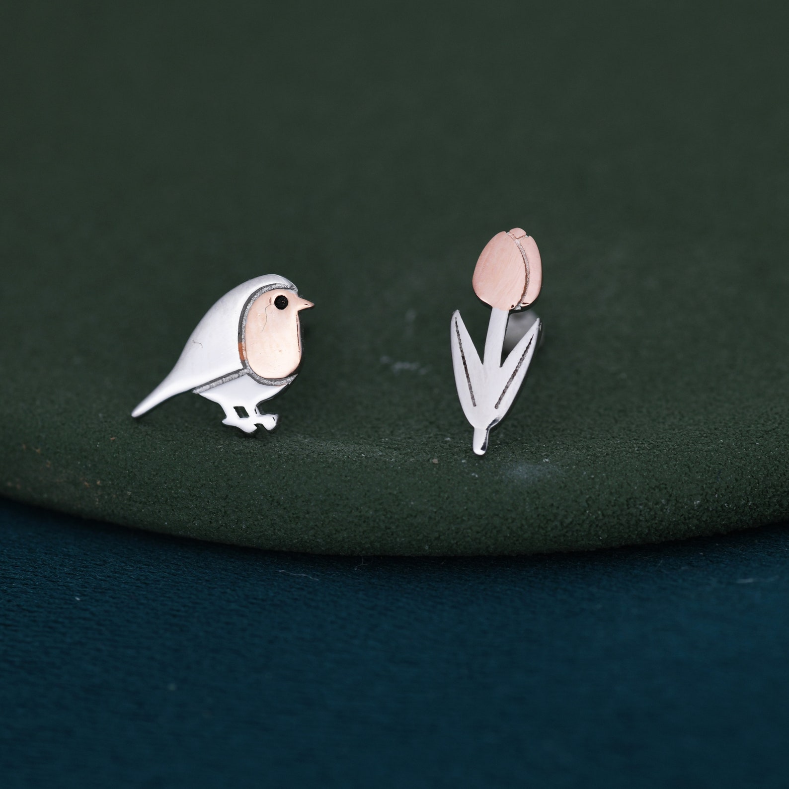 Mismatched Robin Bird and Tulip Flower Stud Earrings in Sterling Silver ...