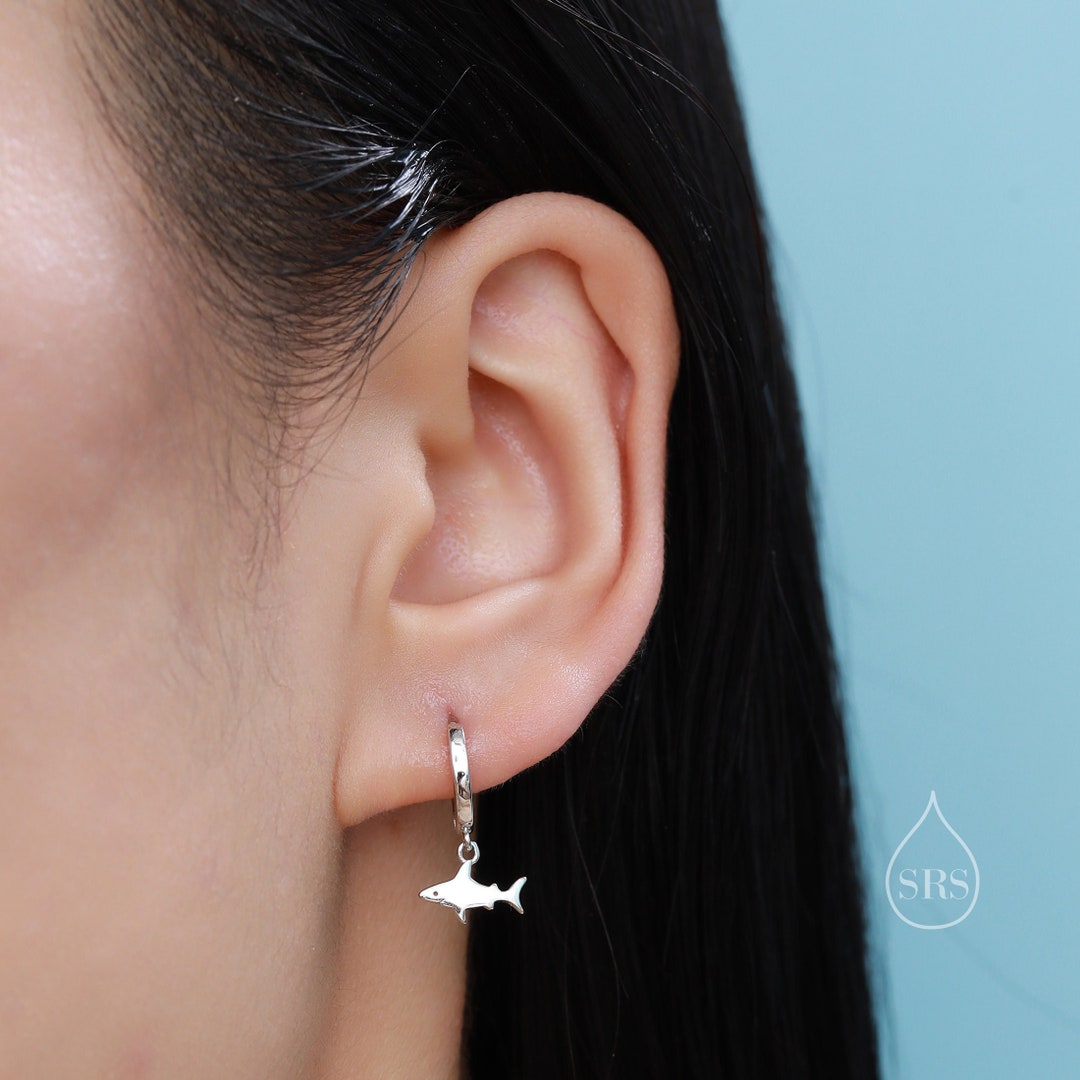 Tiny Shark Fish Huggie Hoop Earrings in Sterling Silver, Fish Earrings ...