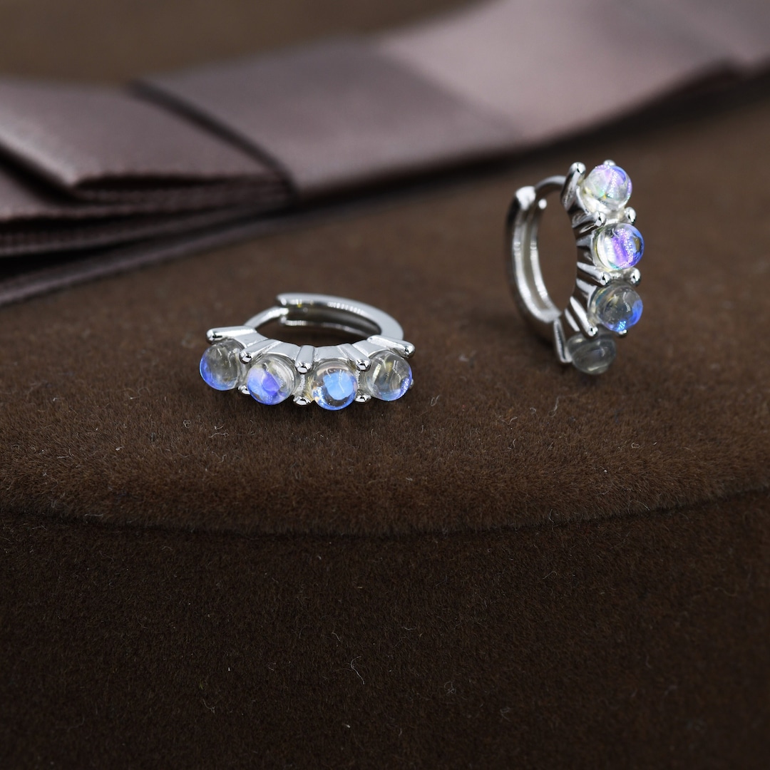 Moonstone Huggie Hoops in Sterling Silver, 8mm Moonstone Hoops, Silver or Gold, Dainty Lab ...