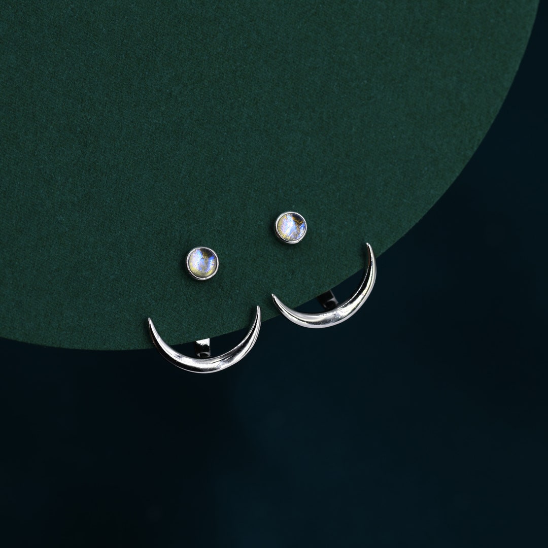 Crescent Moon and Moonstone Ear Jacket in Sterling Silver, Moon Front ...