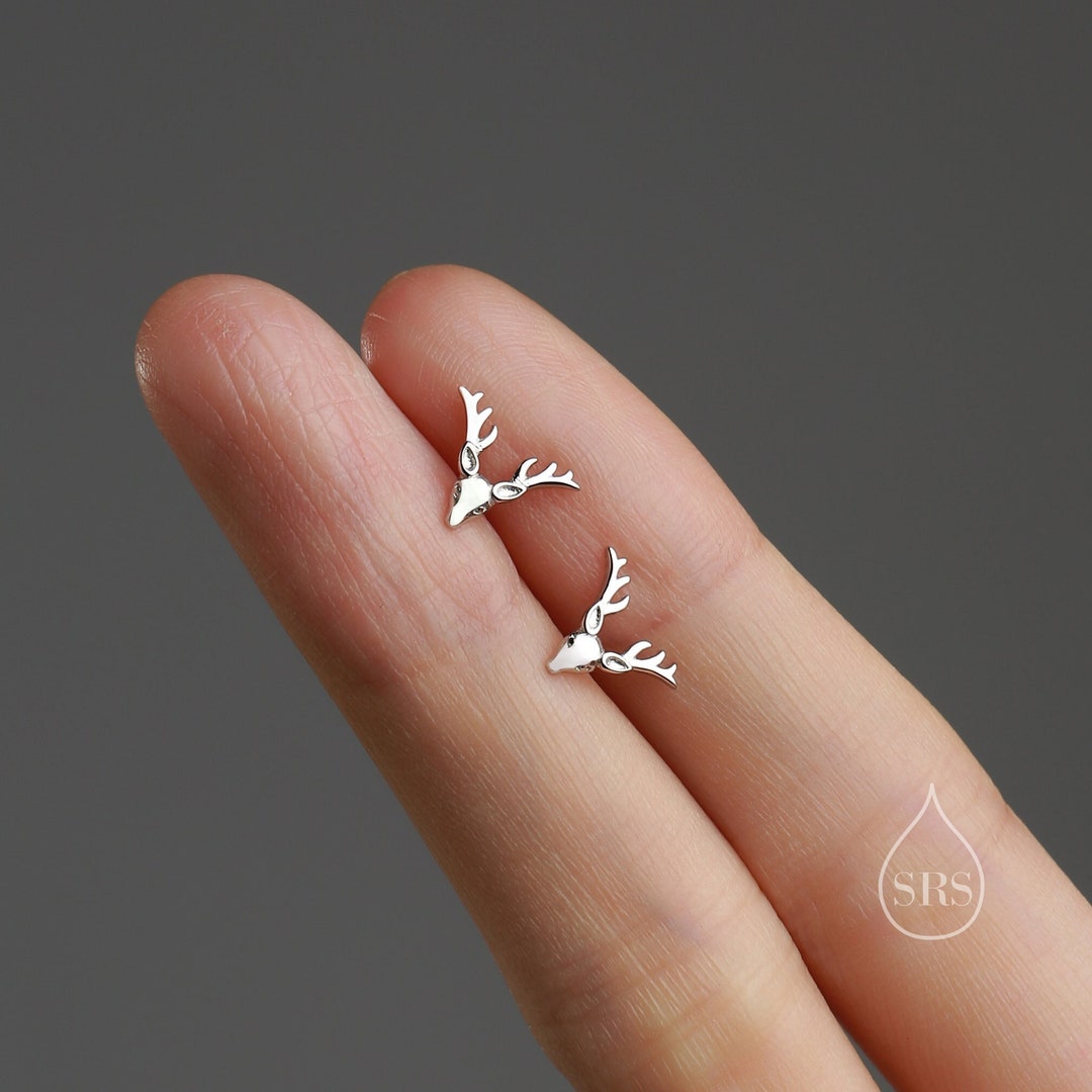 Small Stag Head Stud Earrings in Sterling Silver, Silver, Gold or Rose ...