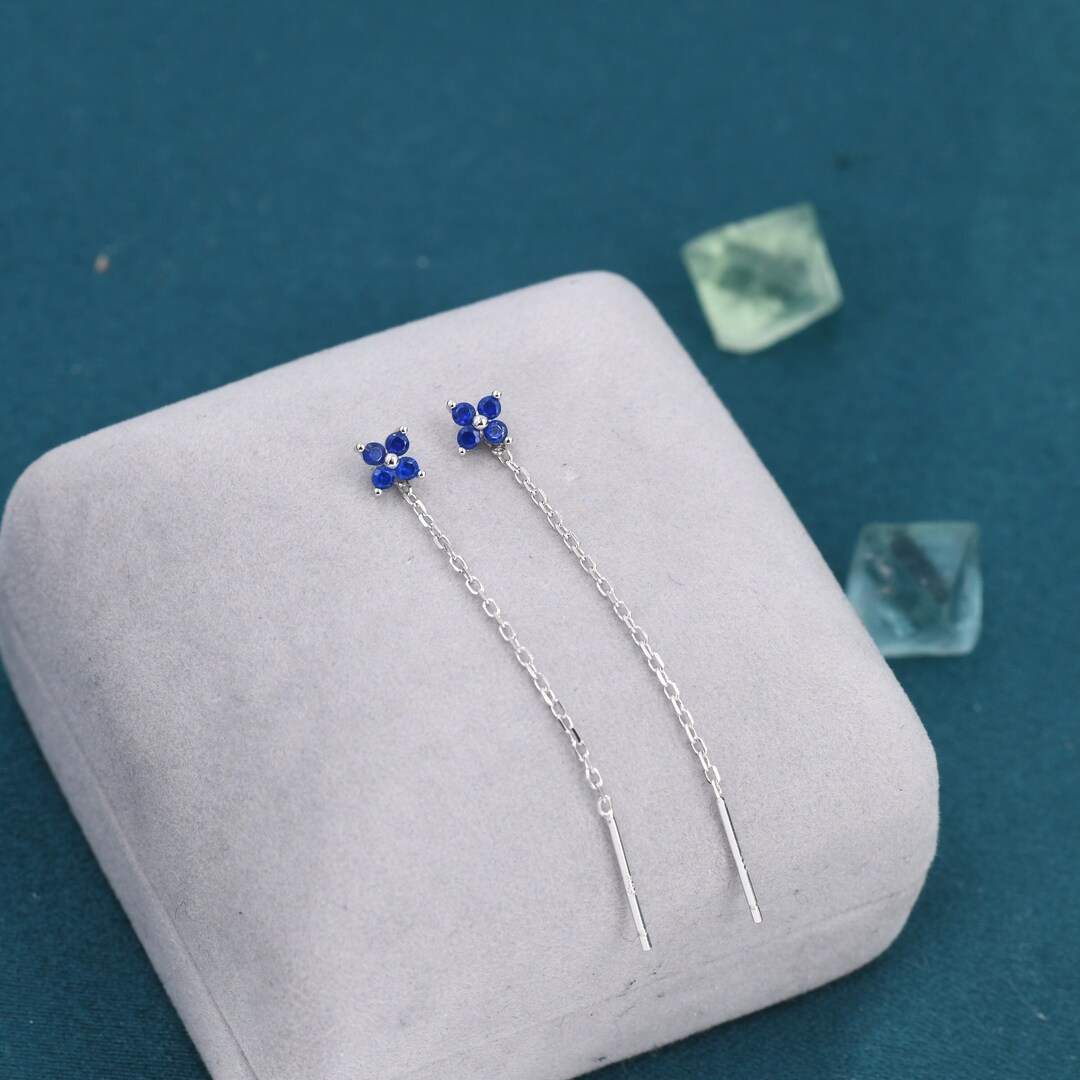 Sapphire Blue Hydrangea Flower CZ Threader Earrings in Sterling Silver ...