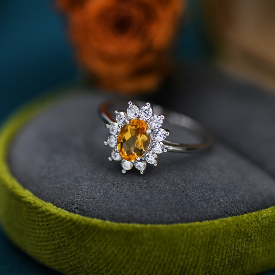 Genuine Citrine and CZ Halo Ring in Sterling Silver, Natural Citrine ...