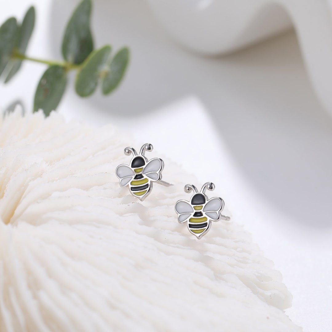 Enamel Bumble Bee Stud Earrings in Sterling Silver, Earrings, Tiny Bee Earrings, Tiny Bee Stud ...