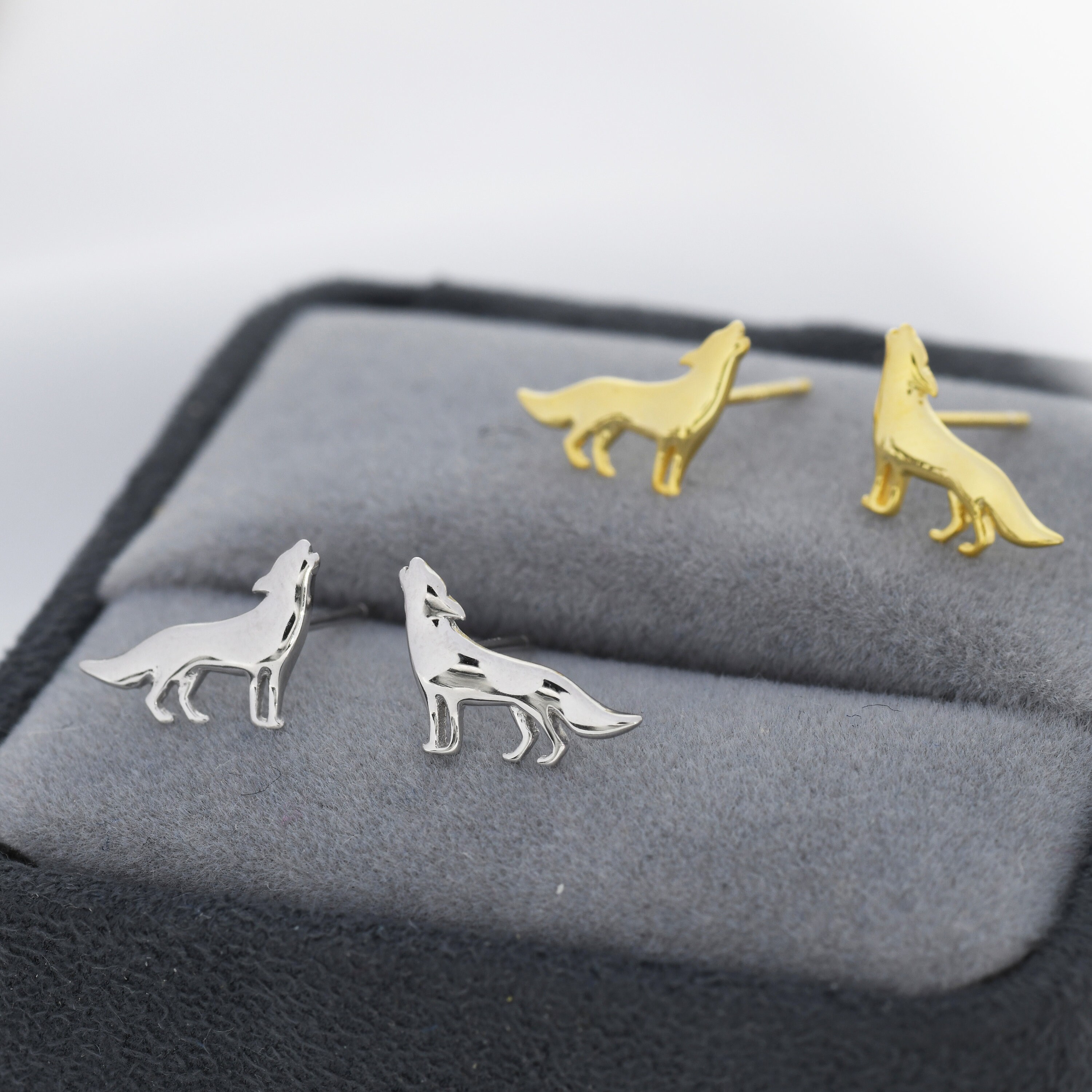 Howling Wolf Stud Earrings in Sterling Silver Silver or Gold | Etsy