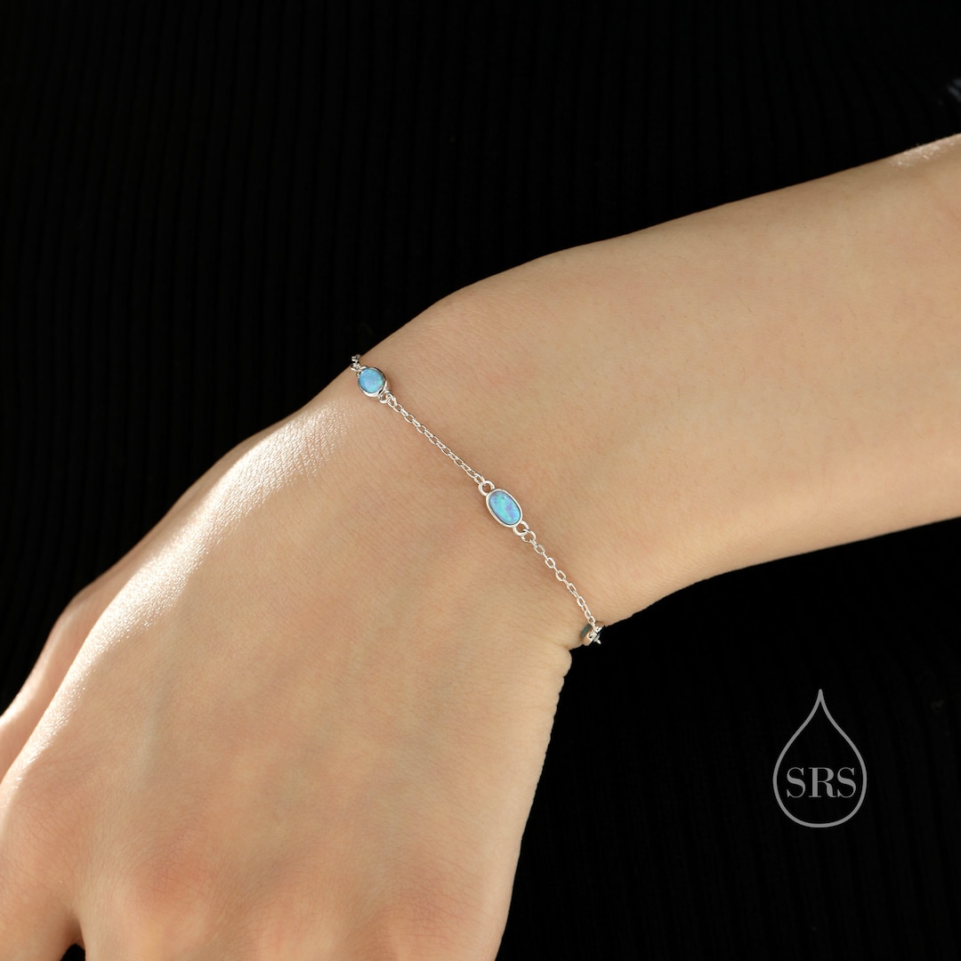 Delicate Blue Opal Oval Satellite Bracelet in Sterling Silver, Silver or Gold, Simulated Blue ...