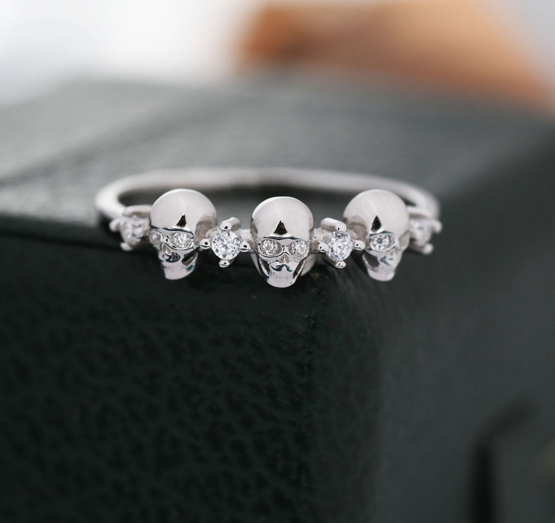 Sterling Silver Triple Skull Ring, Silver Skull Ring, Tiny Skull Ring ...