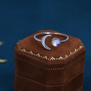 Sterling Silver Moonstone Moon Ring, Full Moon and Cresent Moon, Adjustable Sized Ring, Open ...
