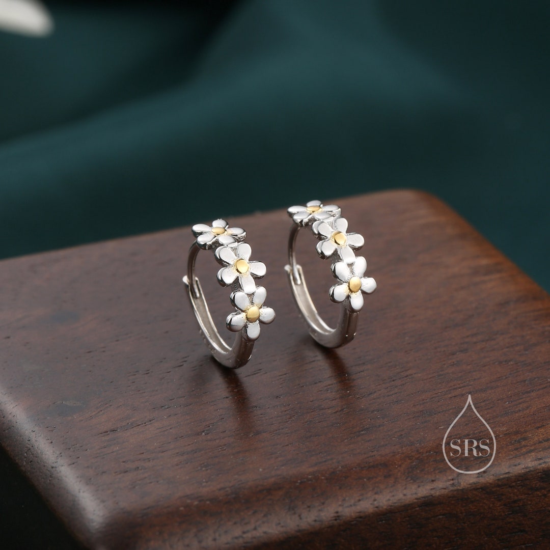 Daisy Chain Huggie Hoop in Sterling Silver, Partial Gold, Flower Hoop ...