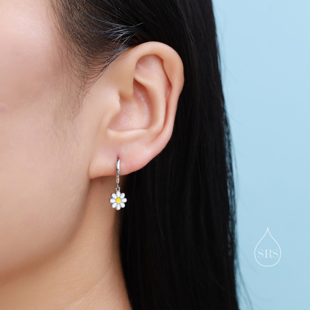 Sterling Silver Enamel Daisy Huggie Hoops, Dainty Dangle Daisy Earrings ...