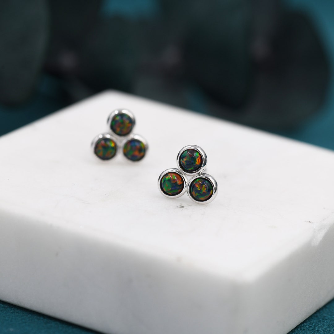 Black Opal Dot Circle Stud Earrings in Sterling Silver - Silver or Gold - Fire Opal Trio ...