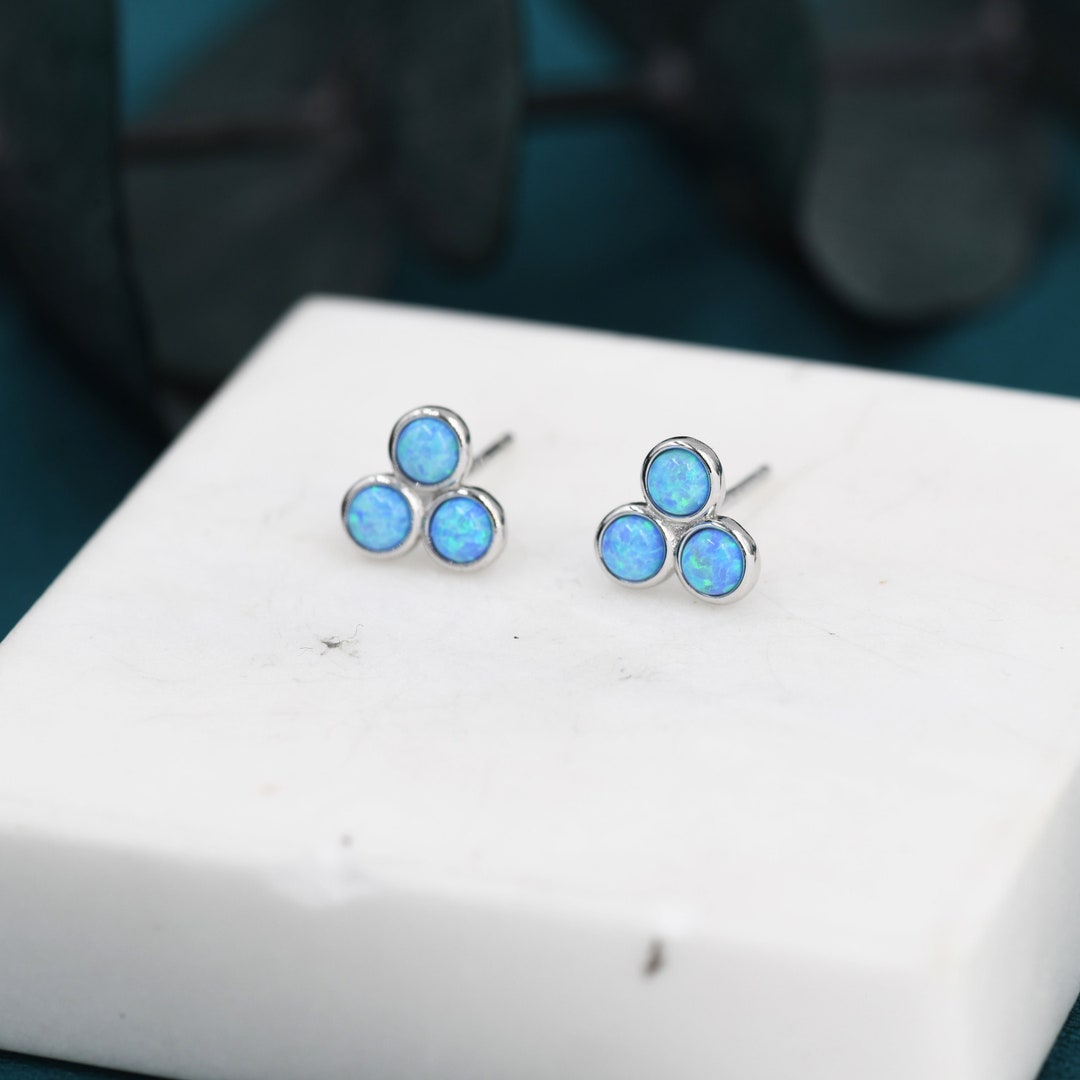 Blue Opal Trio Dot Circle Stud Earrings in Sterling Silver Silver or Gold Geometric Minimalist ...