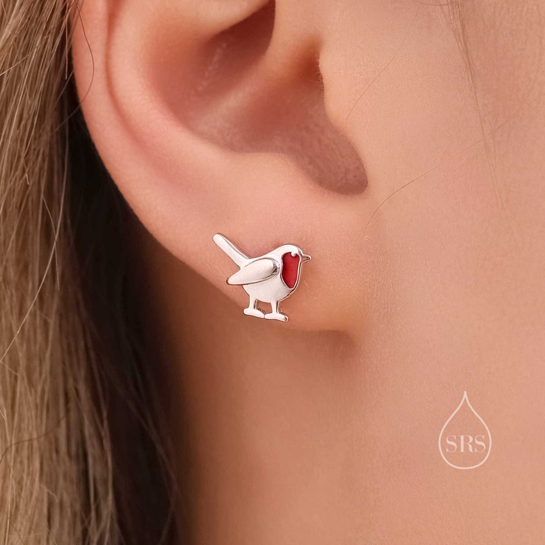 Robin Bird Stud Earrings in Sterling Silver With Enamel, Sterling ...