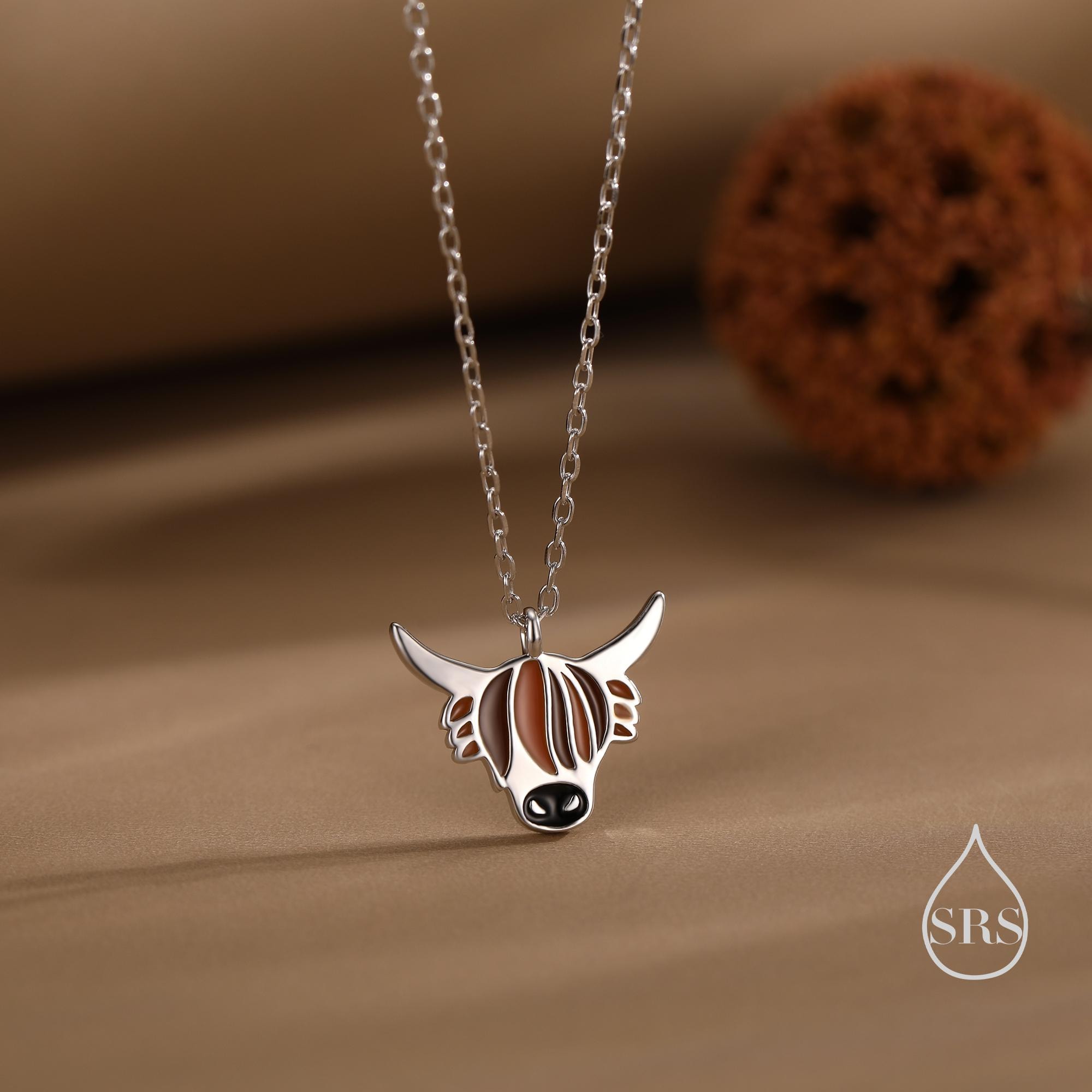 Sterling Silver Enamel Highland Cow Pendant Necklace, Silver or Gold ...
