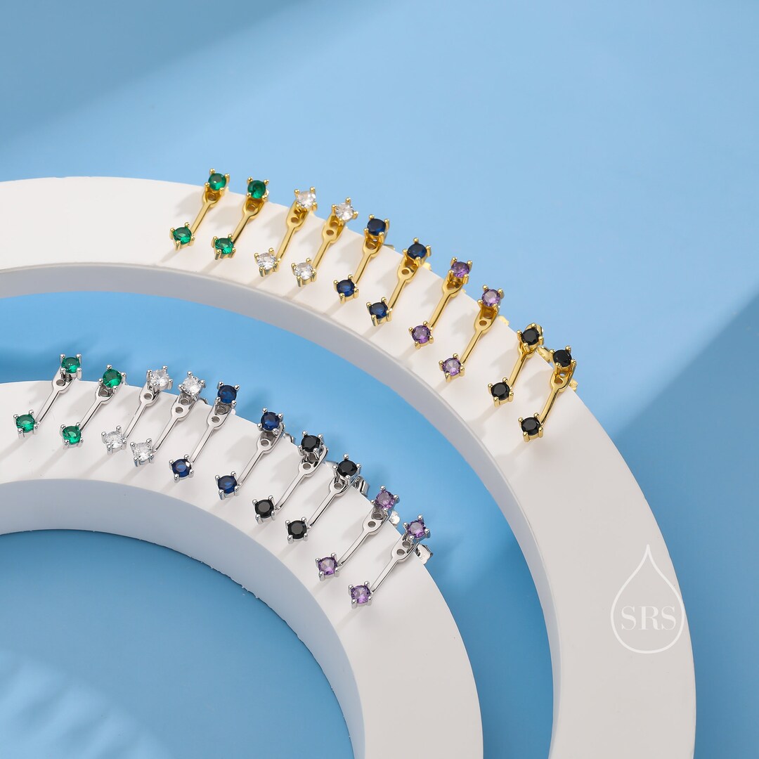 Double CZ Ear Jacket in Sterling Silver, Two Way Earrings, Silver or ...