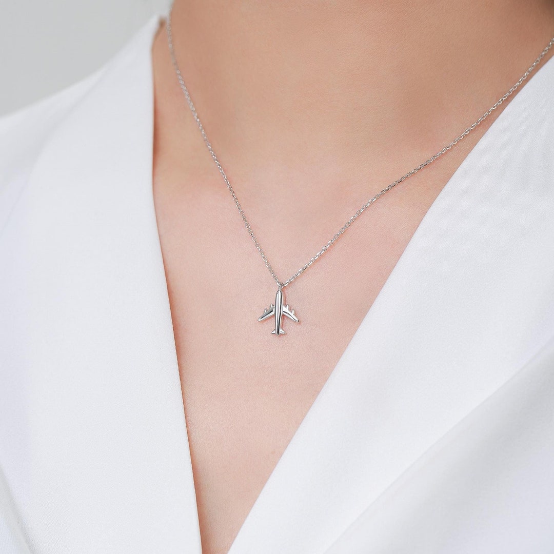 Small Plane Pendant Necklace in Sterling Silver, Silver or Gold or Rose ...