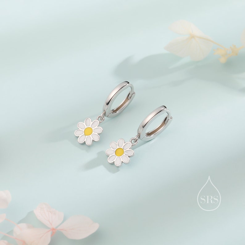 Sterling Silver Enamel Daisy Huggie Hoops, Dainty Dangle Daisy Earrings ...
