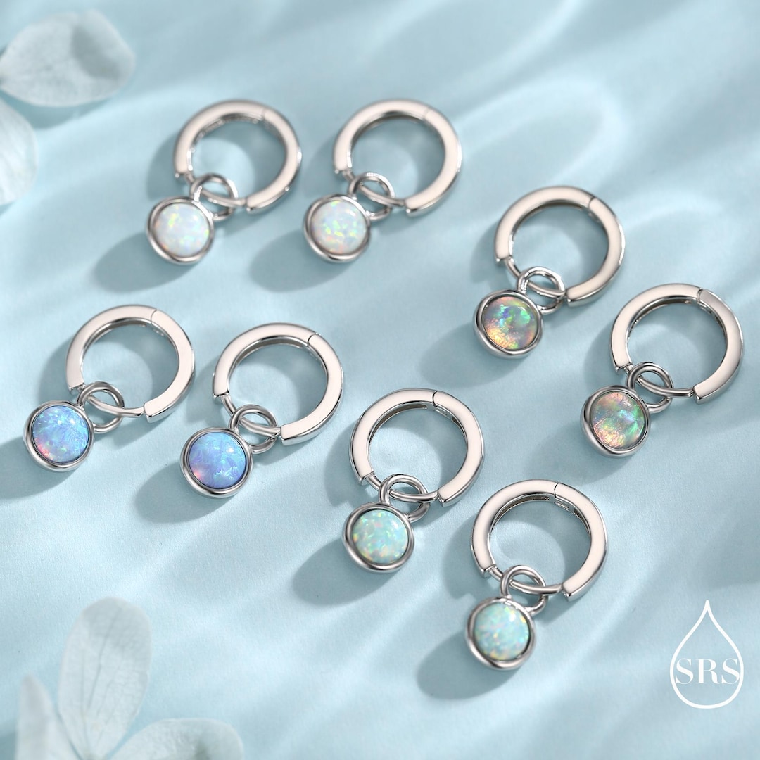 Sterling Silver Dangling Opal Hoop Earrings, Blue Opal Hoops ...